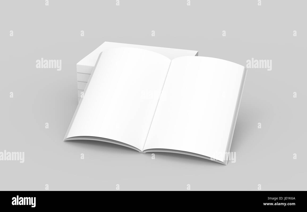 one blank left tilt open book leaning on five books, isolated gray ...