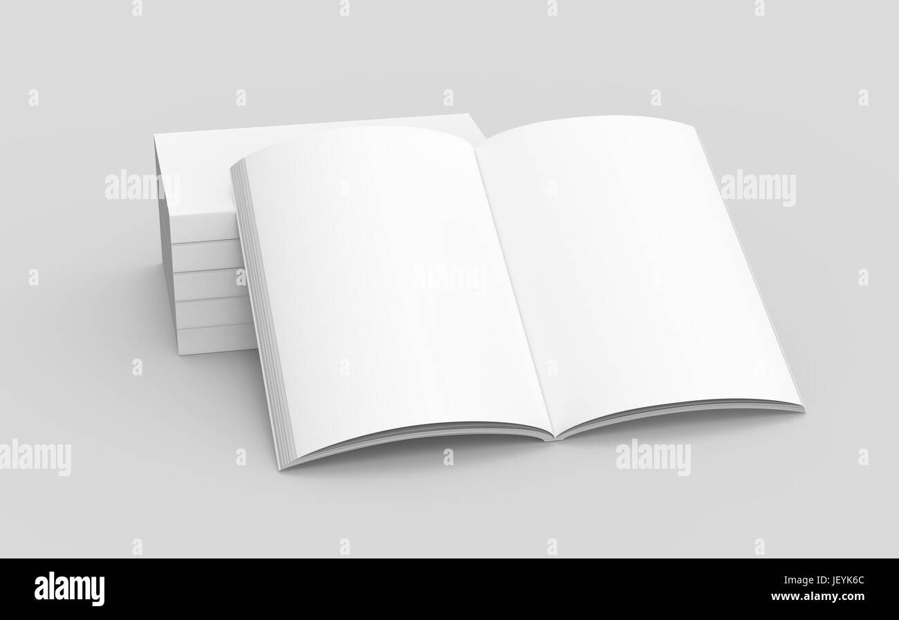 one blank right tilt open book leaning on five books, isolated gray ...