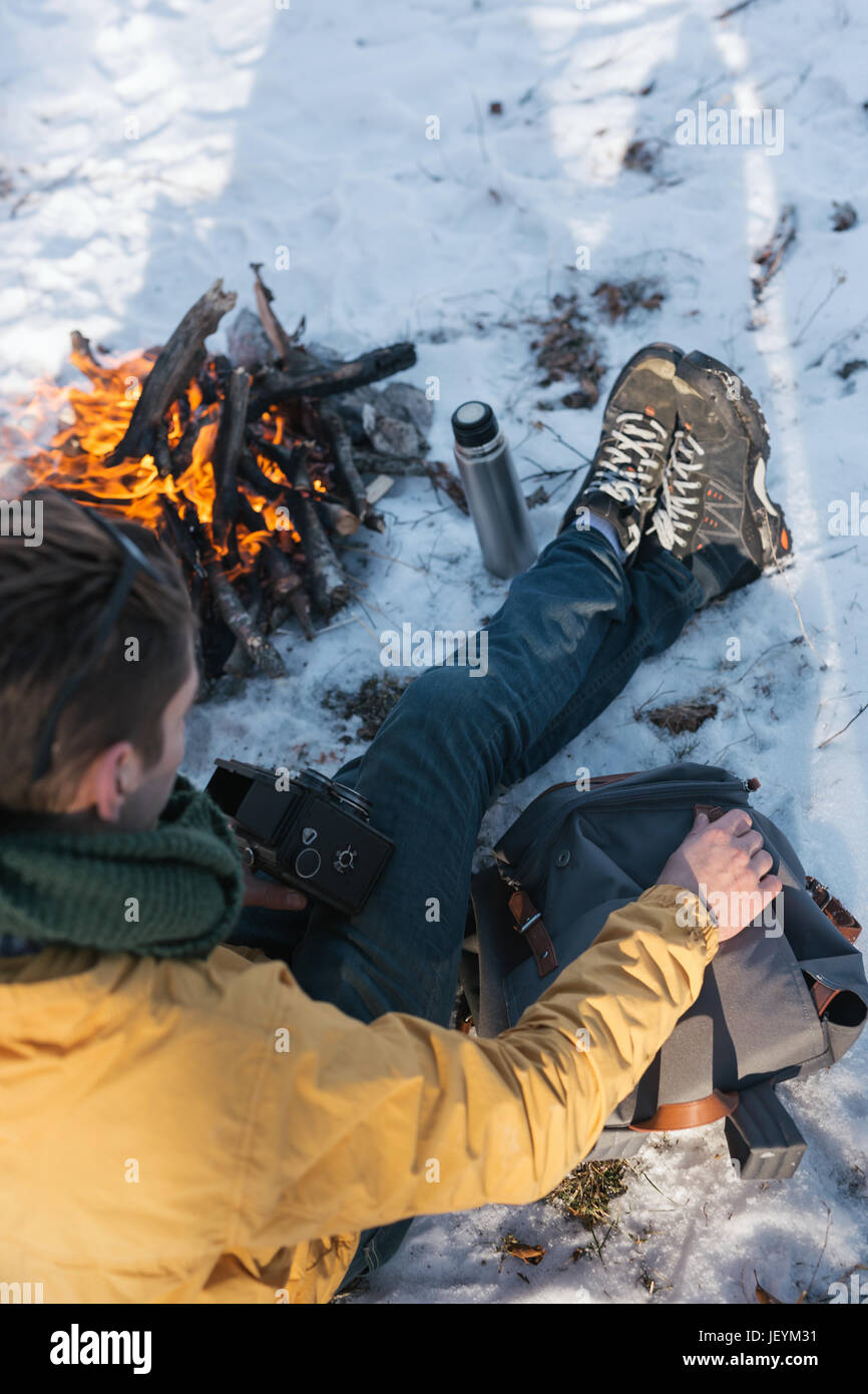Camping concept. Bonfire on a winter day in a wood Stock Photo - Alamy