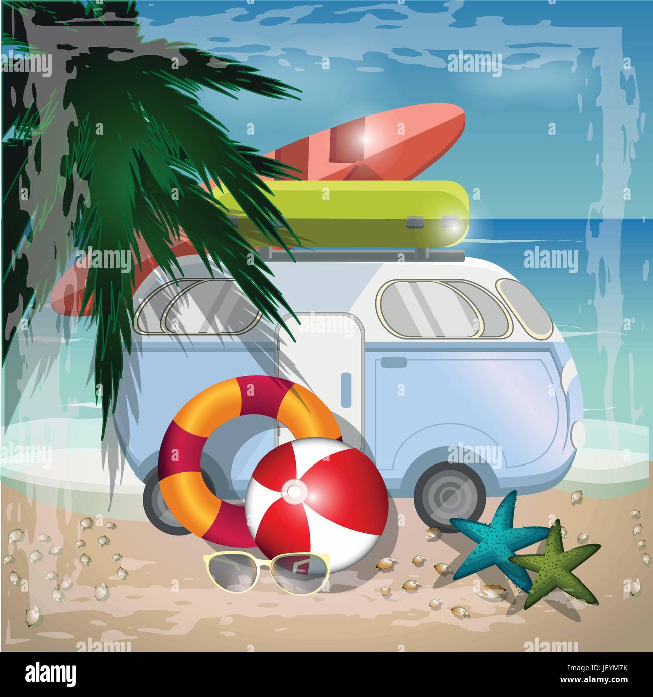 Summer beach vector concept with retro bus on the beach Stock Vector ...