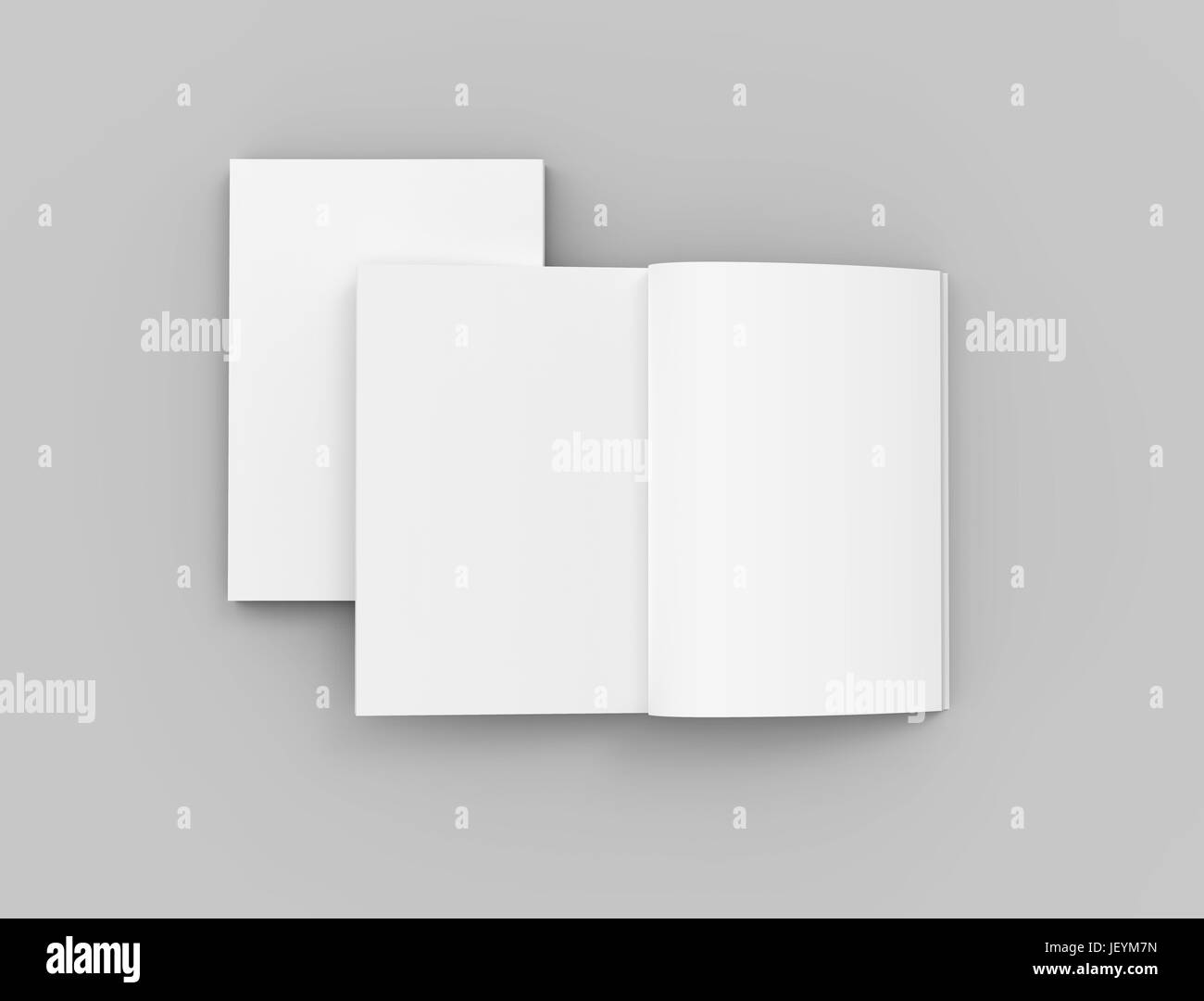 two blank books on the ground, one open, isolated gray background, 3d ...