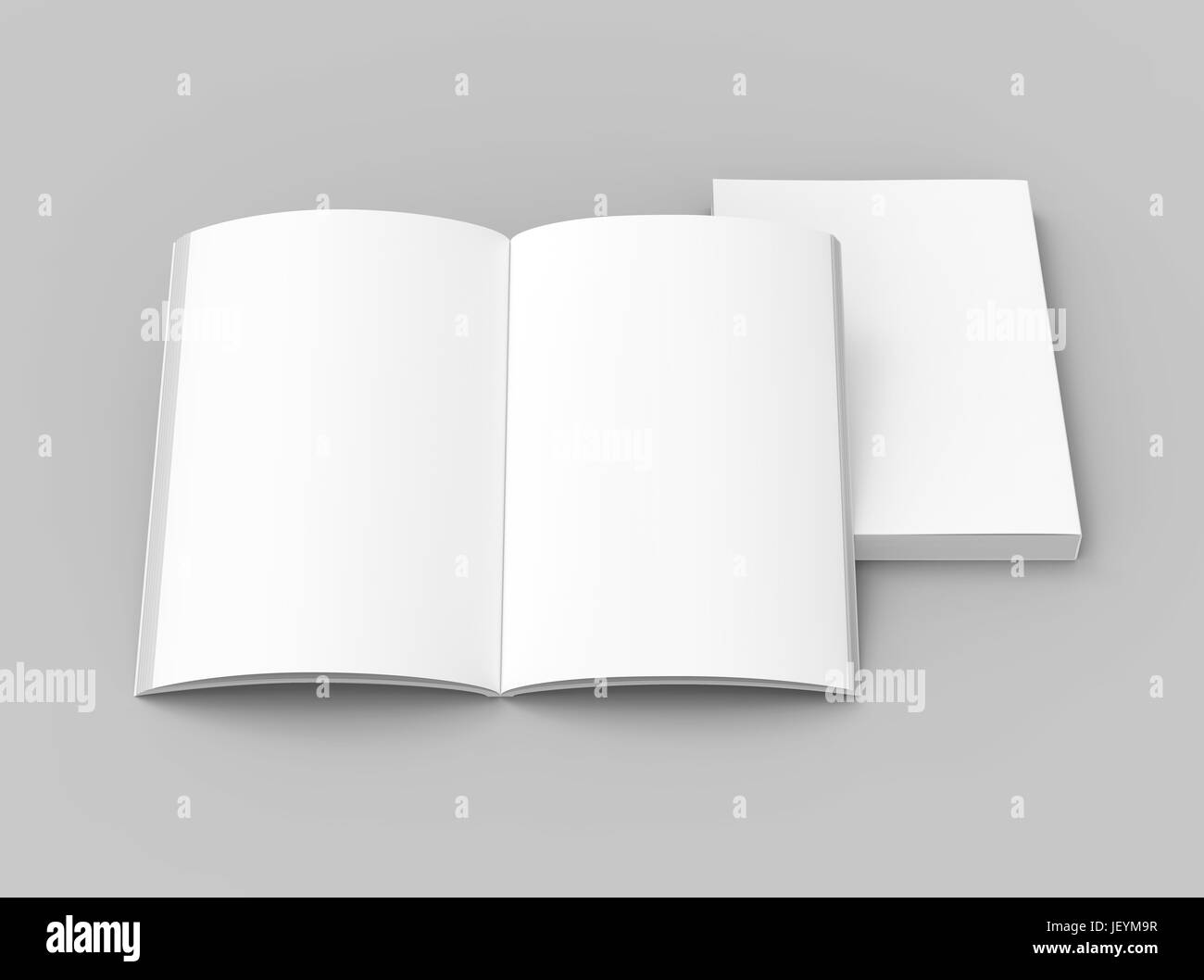 two blank books on the ground, one open, isolated gray background, 3d ...