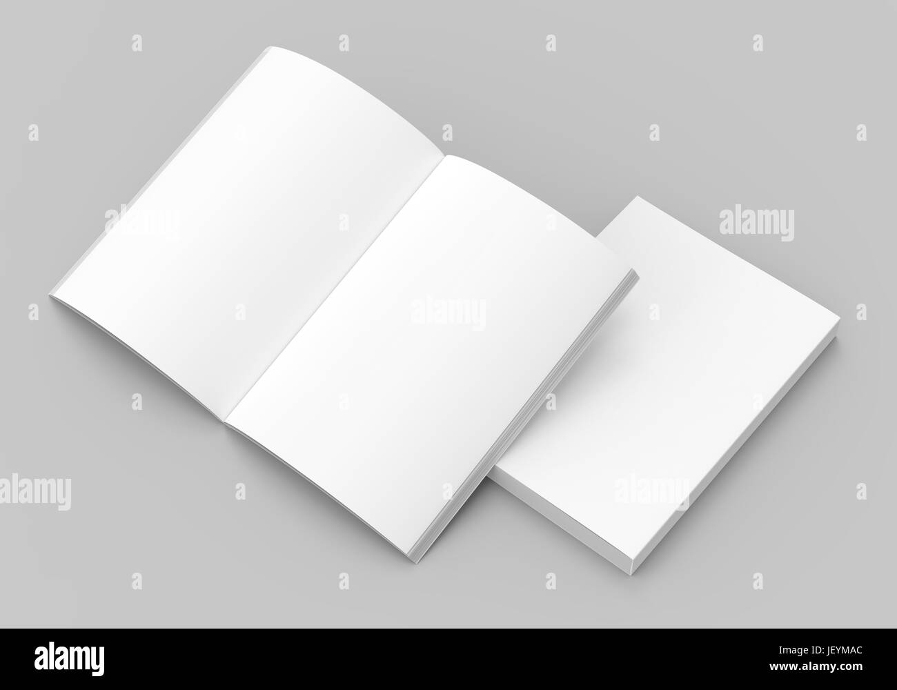 two left tilt blank books on the ground, one open, isolated gray ...