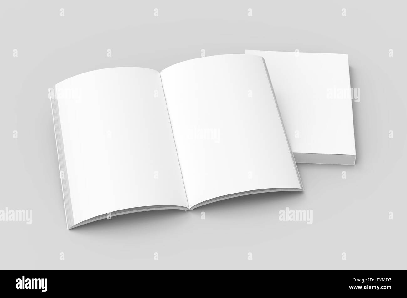 two tilt blank books on the ground, one open, isolated gray background ...