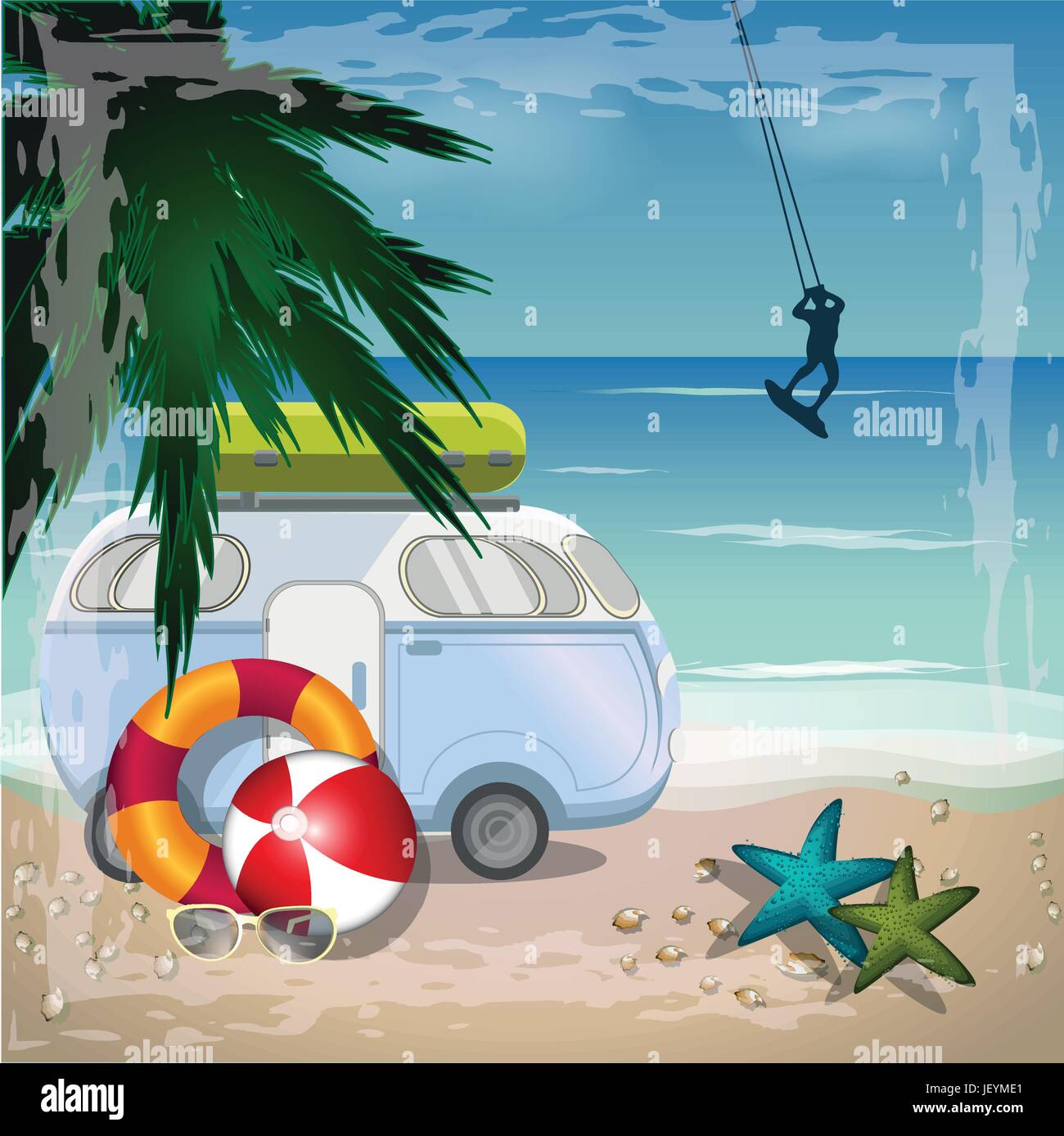 Summer beach vector concept with surfer and retro bus on the beach ...