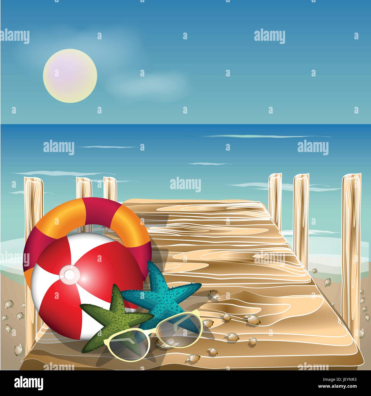 Summer beach vector concept,Wood bridge on the beach with shells Stock ...