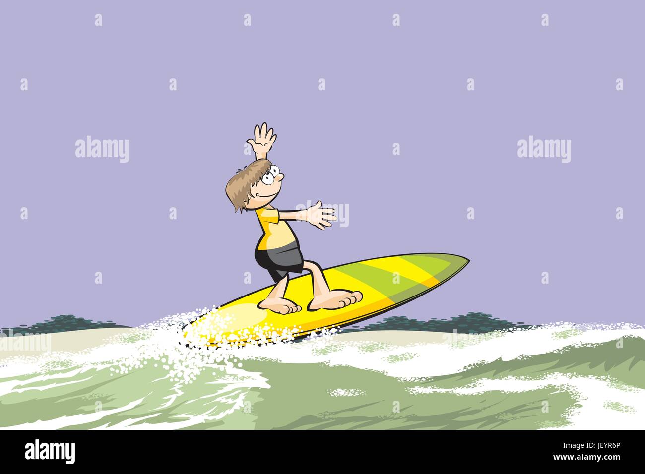 Surfer boy on surfboard riding the wave. Conceptual vector illustration ...