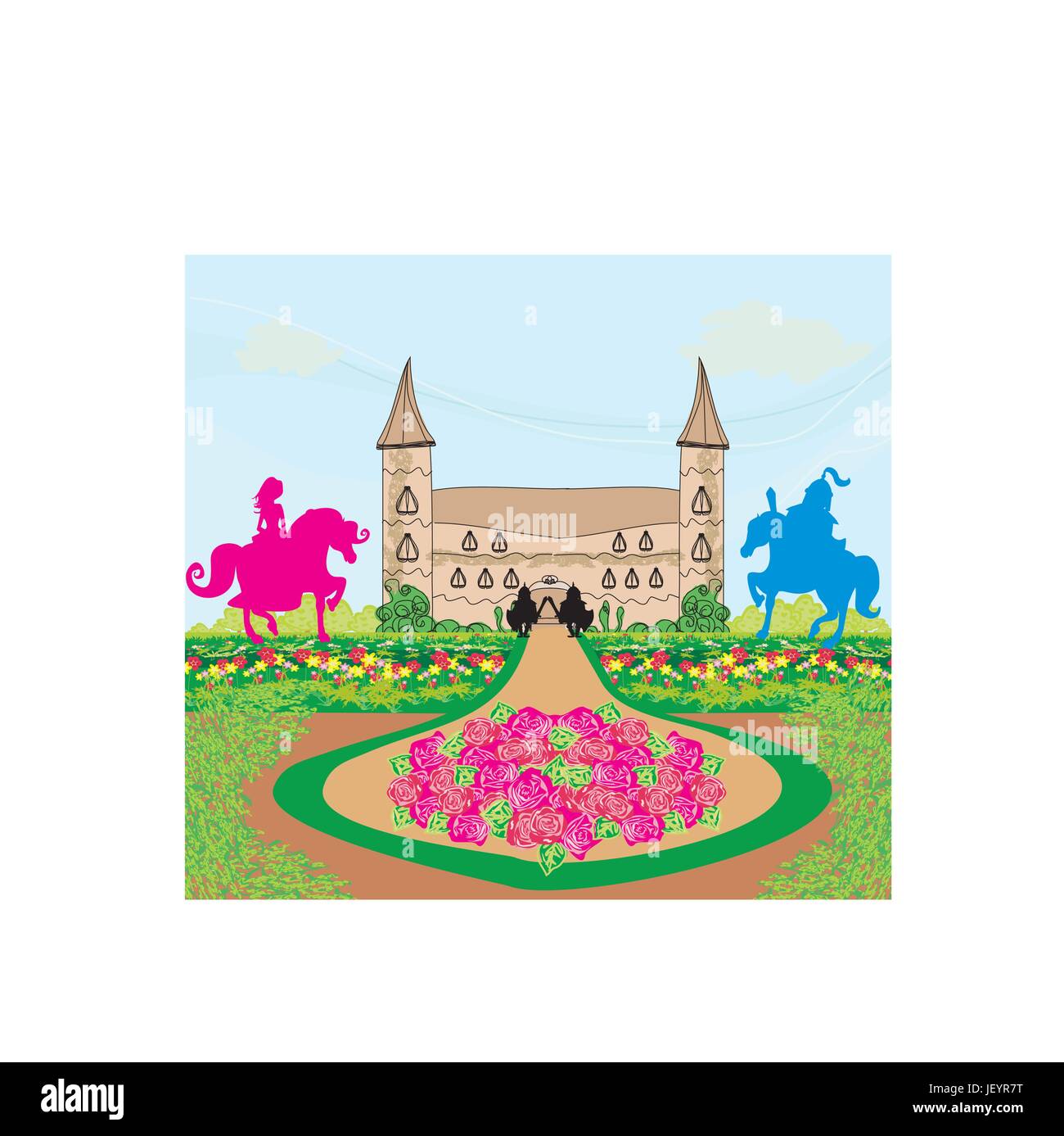 Prince princess horse castle couple silhouette garden Stock Vector ...
