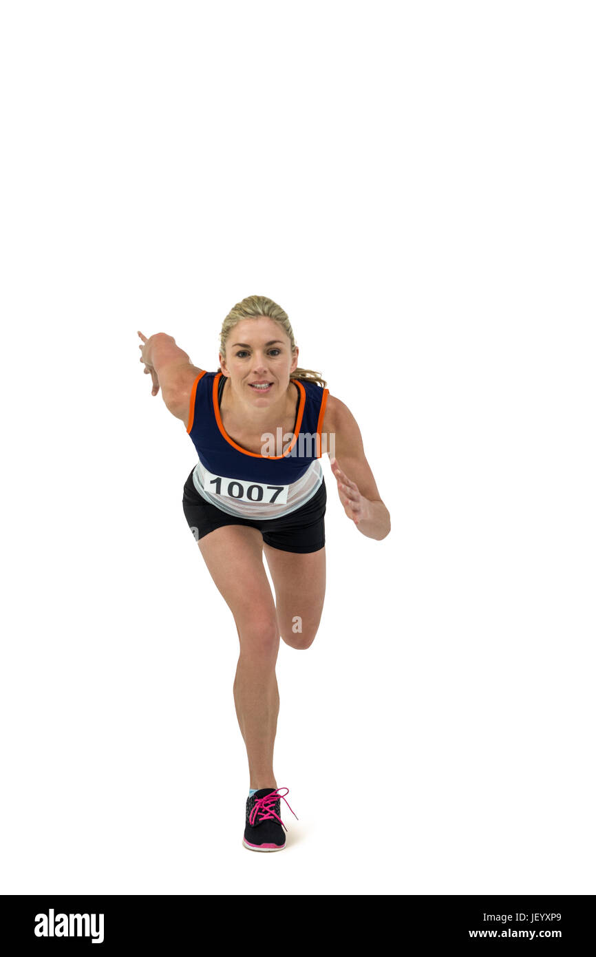 Female athlete running on white background Stock Photo - Alamy