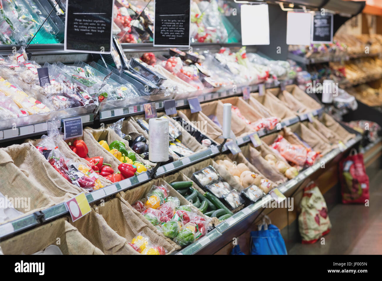 Side view of supermarket shelves Stock Photo - Alamy