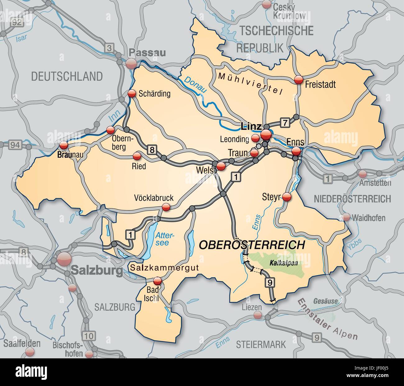 map of upper oestereich with transport network in pastel orange Stock ...