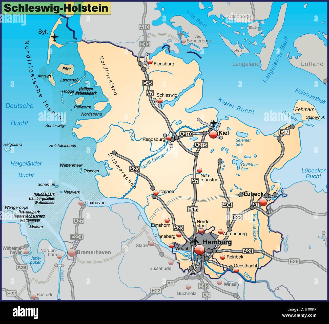 map of schleswig-holstein with transport network in pastel orange Stock ...