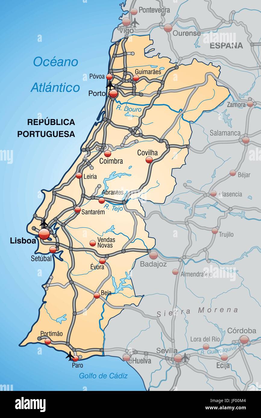 map of portugal with transport network in pastel orange Stock Vector ...