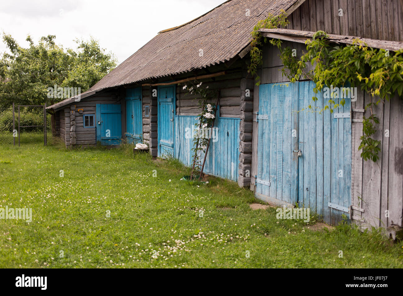 Wooden building, countryside. The wooden shed in the daytime, in clear ...