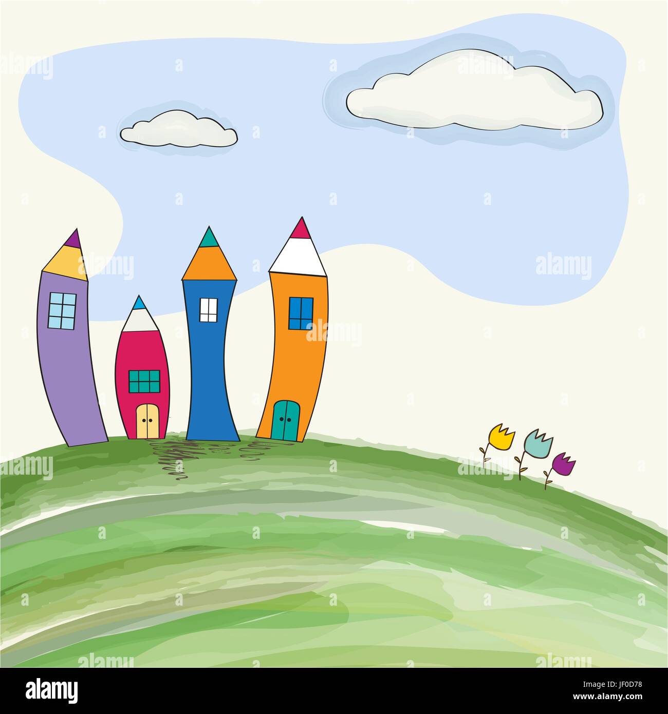 house, building, comic, colour, field, illustration, surreal, happiness ...