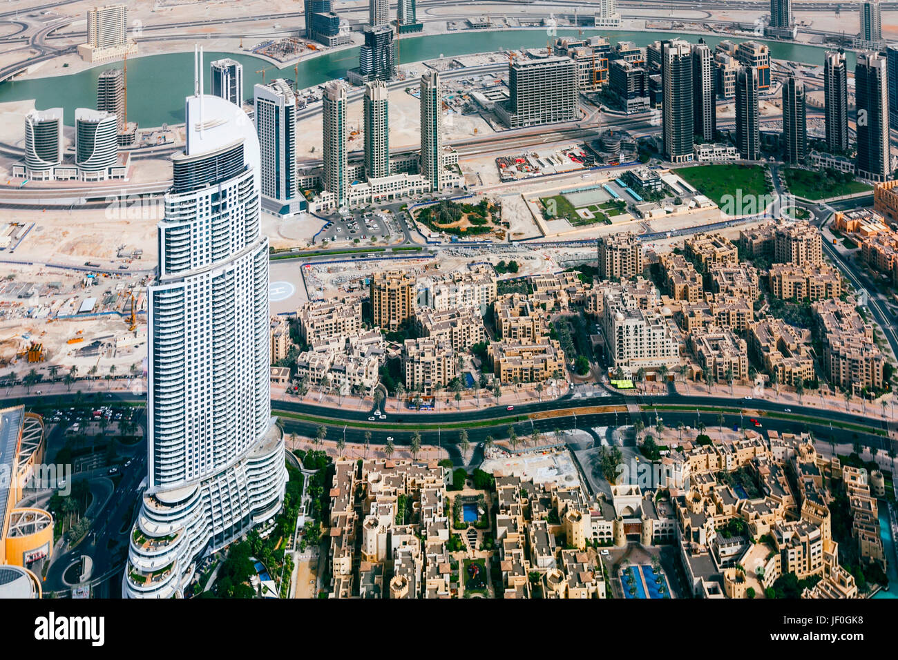 Panorama of tall Skyscrapers in skyline of Emirates against blue sky ...