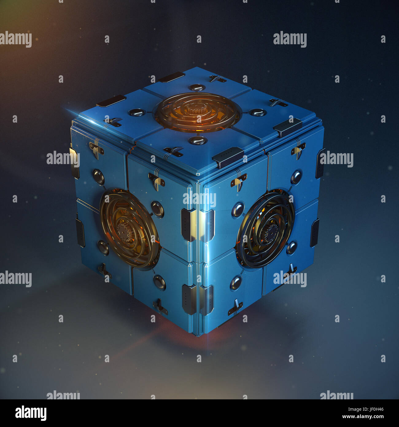 abstract techno cube object. blue metal box with shiny polished detail ...
