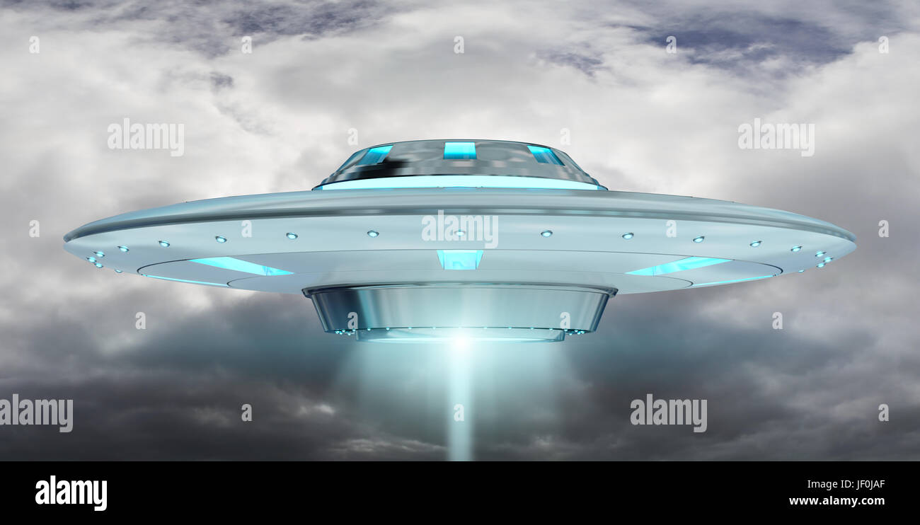 Metal and silver vintage UFO flying on cloudy sky 3D rendering Stock ...