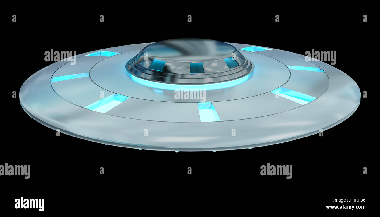 Metal and silver vintage UFO isolated on black background 3D rendering ...