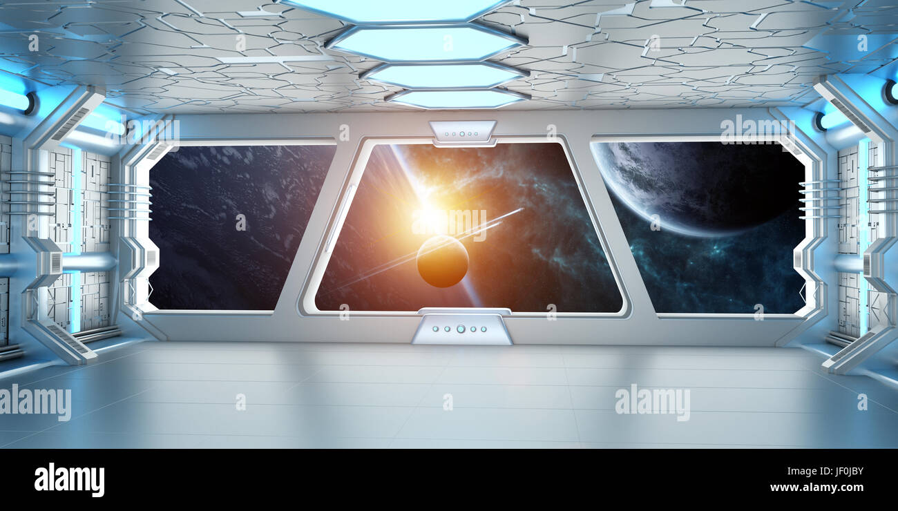 Spaceship white and blue interior with view on space and distant ...