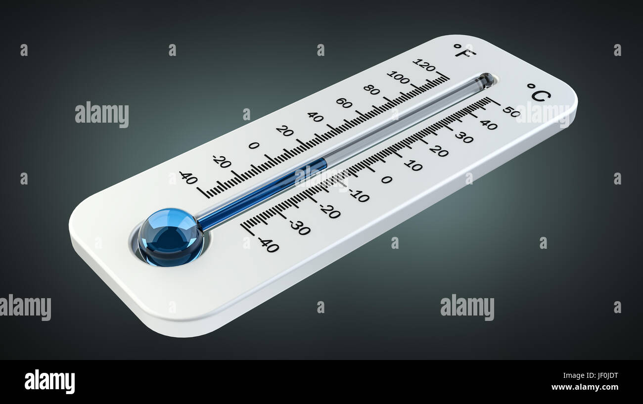3D render cold white thermometer indicating low temperature on dark ...