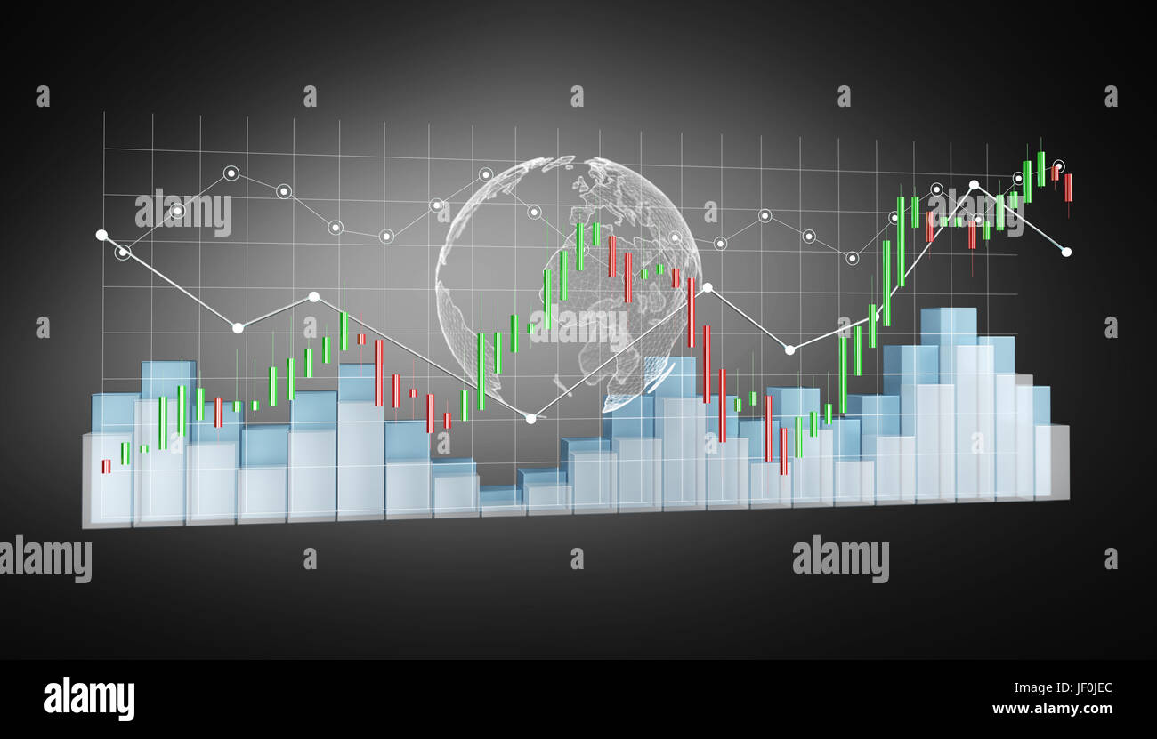 Digital 3D rendered stock exchange stats and charts on black background ...