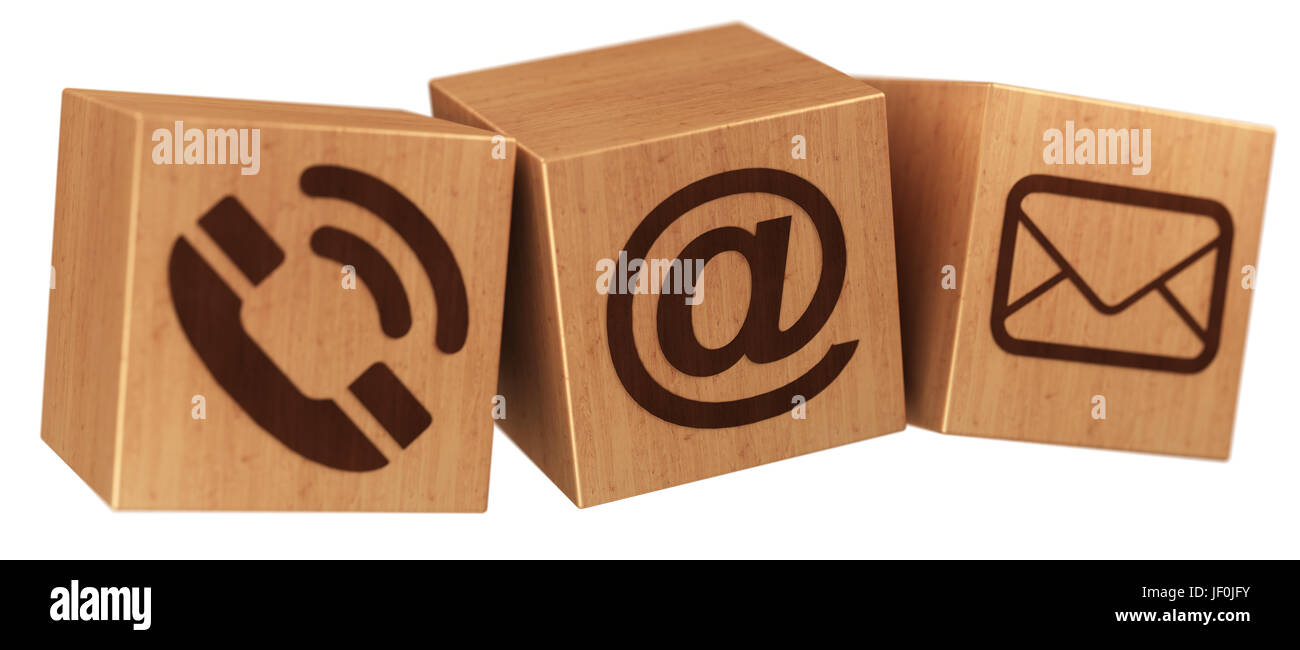 Digital wooden cube contact icon 3D rendering on white background Stock ...