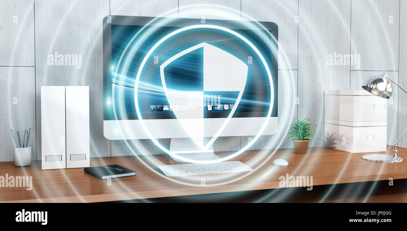 White and digital firewall flying over modern desktop interior 3D ...