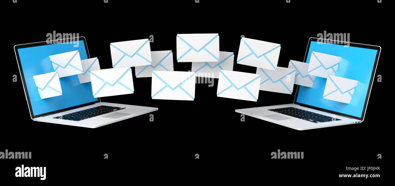 Digital e-mails flying through devices screens on black background 3D ...