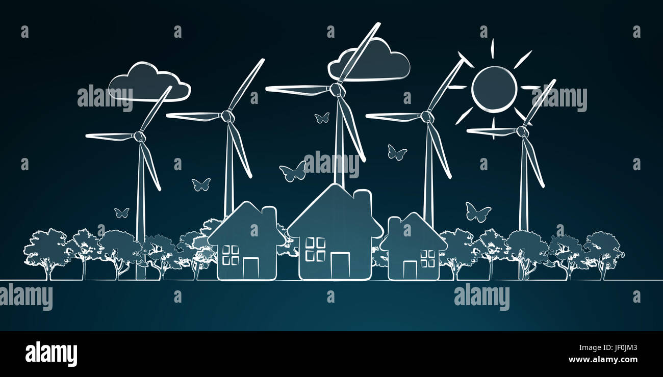 Hand-drawn renewable energy sketch on blue background Stock Photo - Alamy