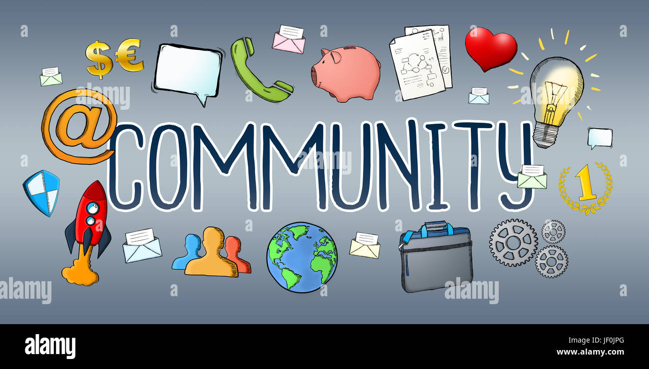 Hand-drawn community text with icons on grey background Stock Photo - Alamy