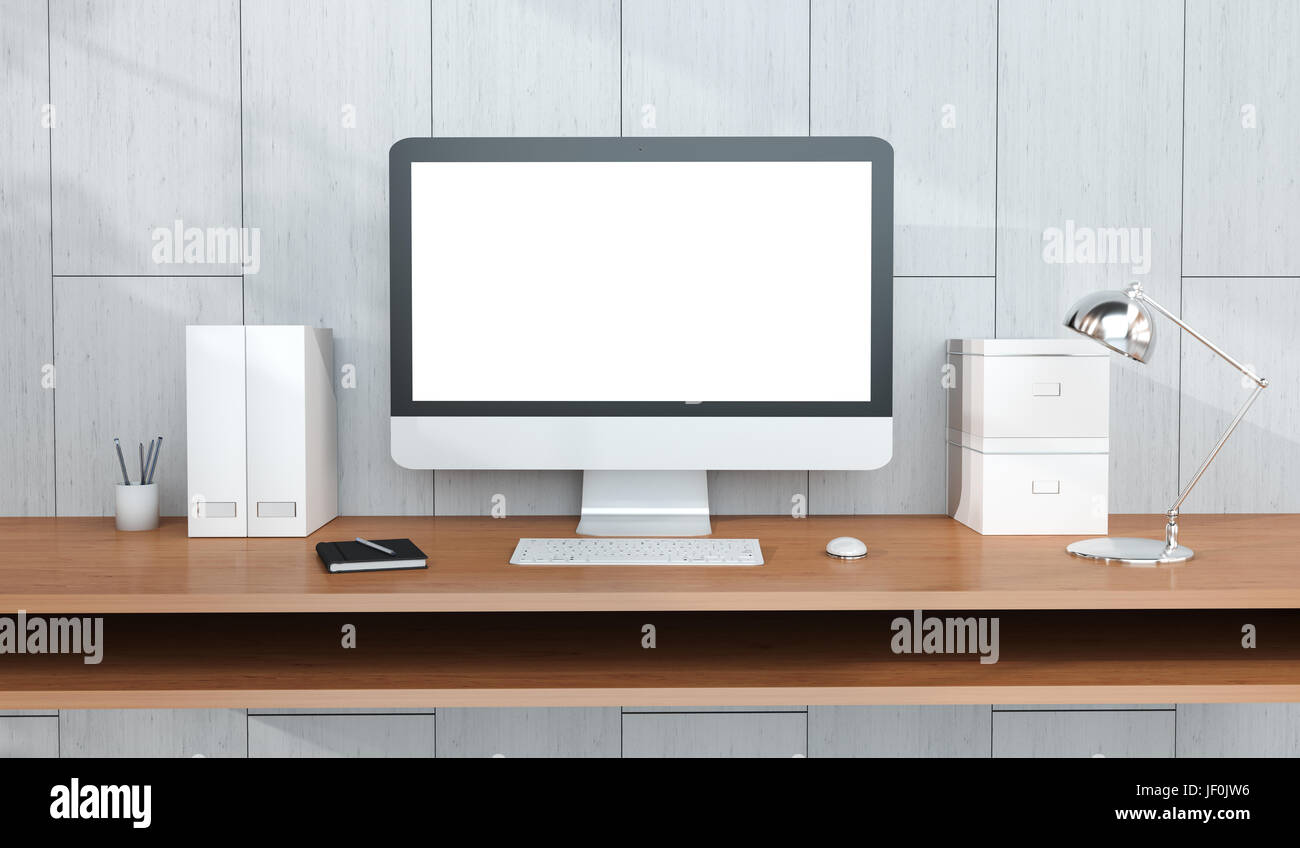 Modern wooden workplace interior with computer and devices on desk 3D ...