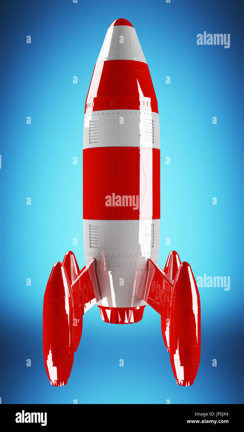 Red and white rocket launching 3D rendering on blue background Stock ...