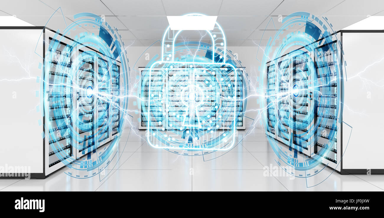 White and blue firewall activated on server room data center 3D ...