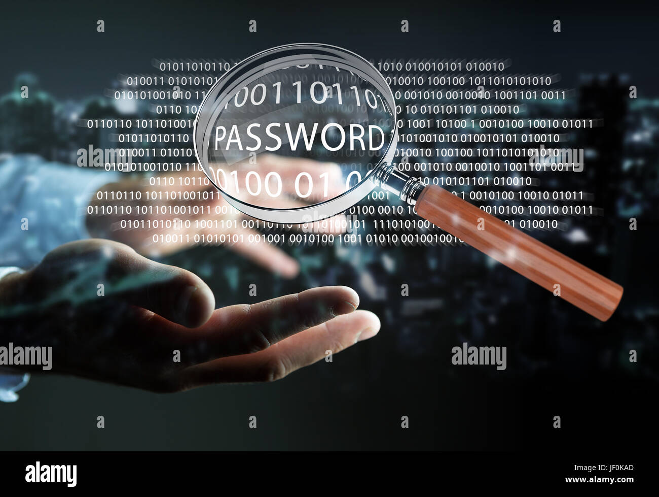 Hacker on blurred background using digital magnifying glass to find ...