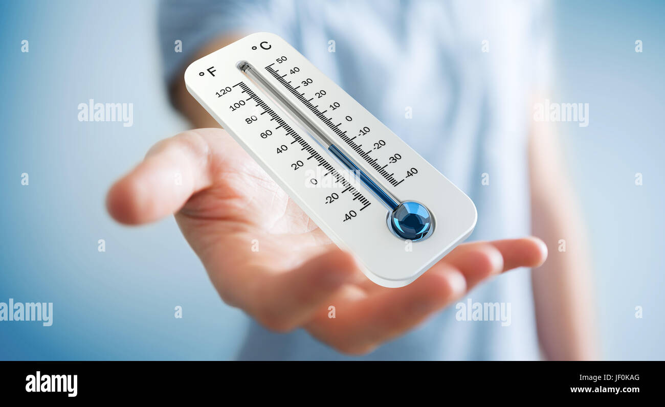 Businessman checking the temperature drop with a thermometer 3D ...