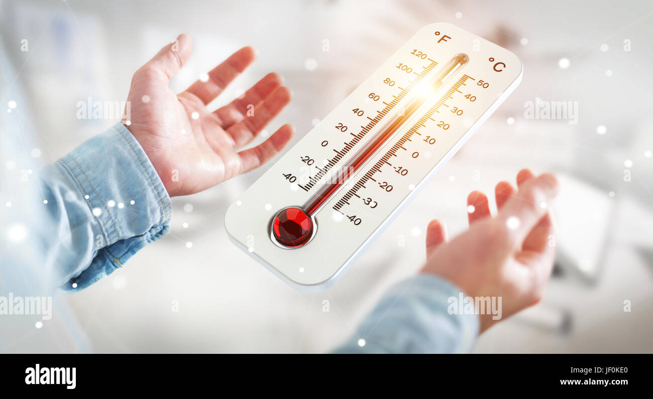 Businessman checking the temperature rise with a thermometer 3D ...