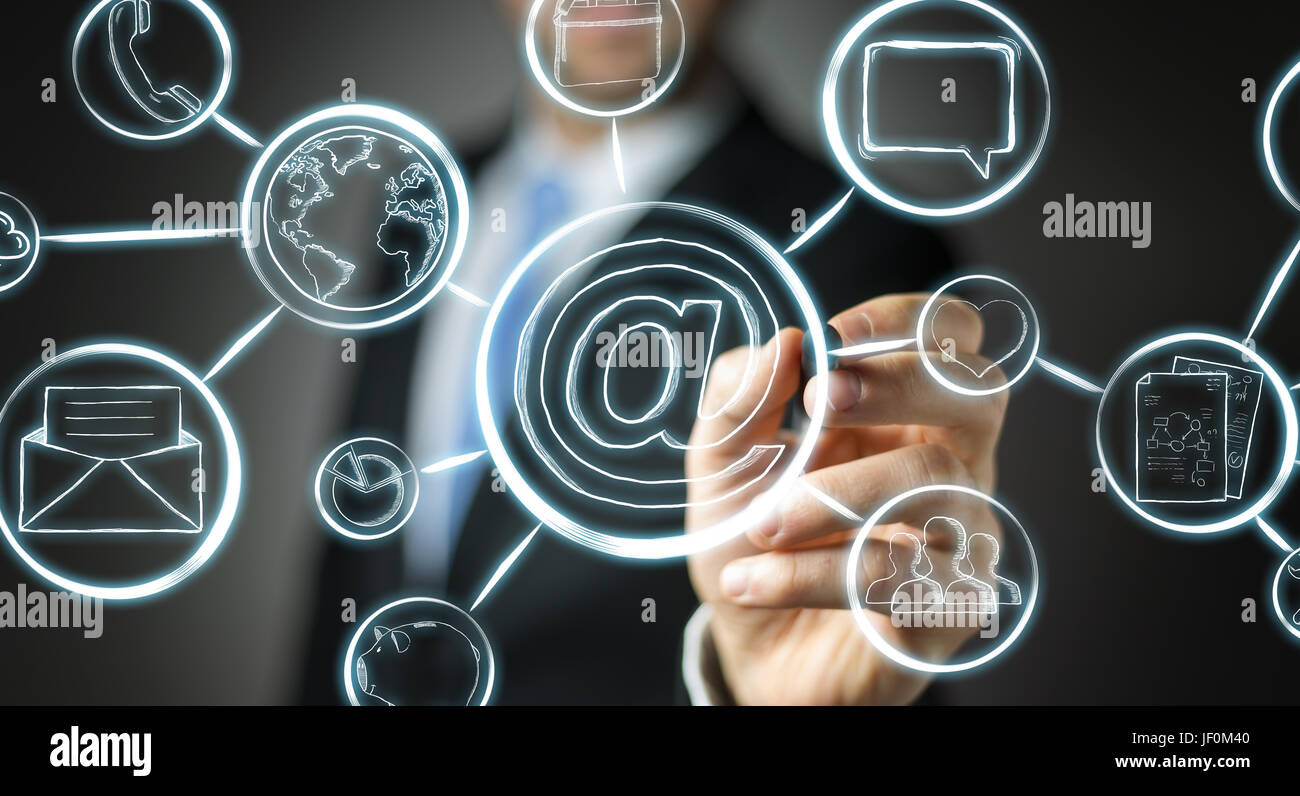 Businessman on blurred background drawing multimedia hand-drawn ...