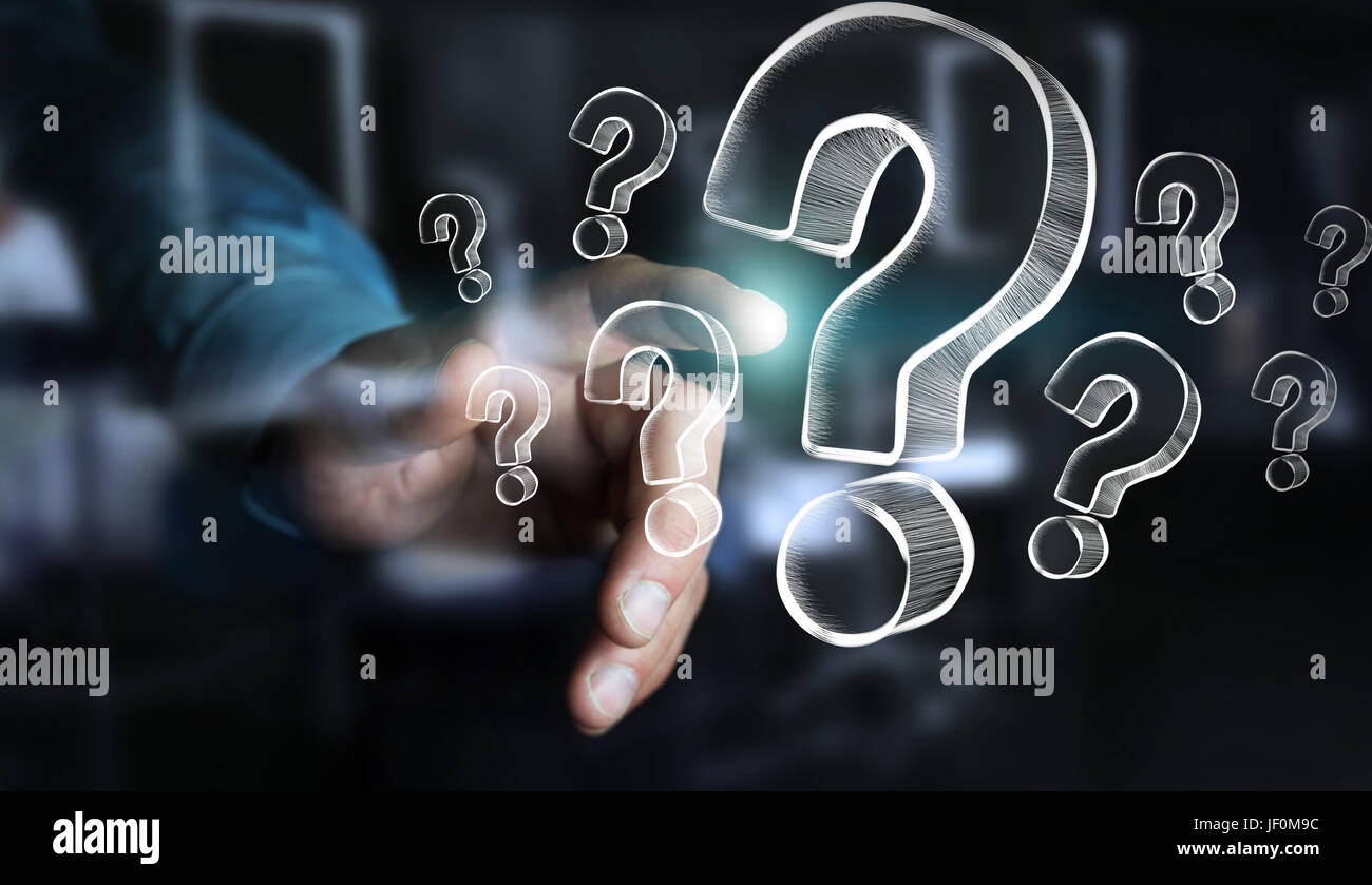 Businessman on blurred background touching hand drawn question marks ...