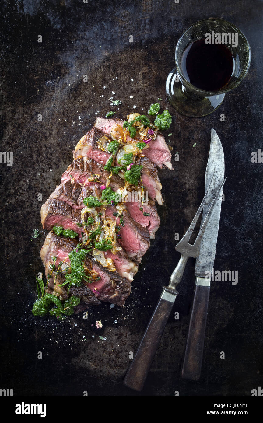 Sliced Dry Aged Rib-Eye Double Steak Stock Photo - Alamy