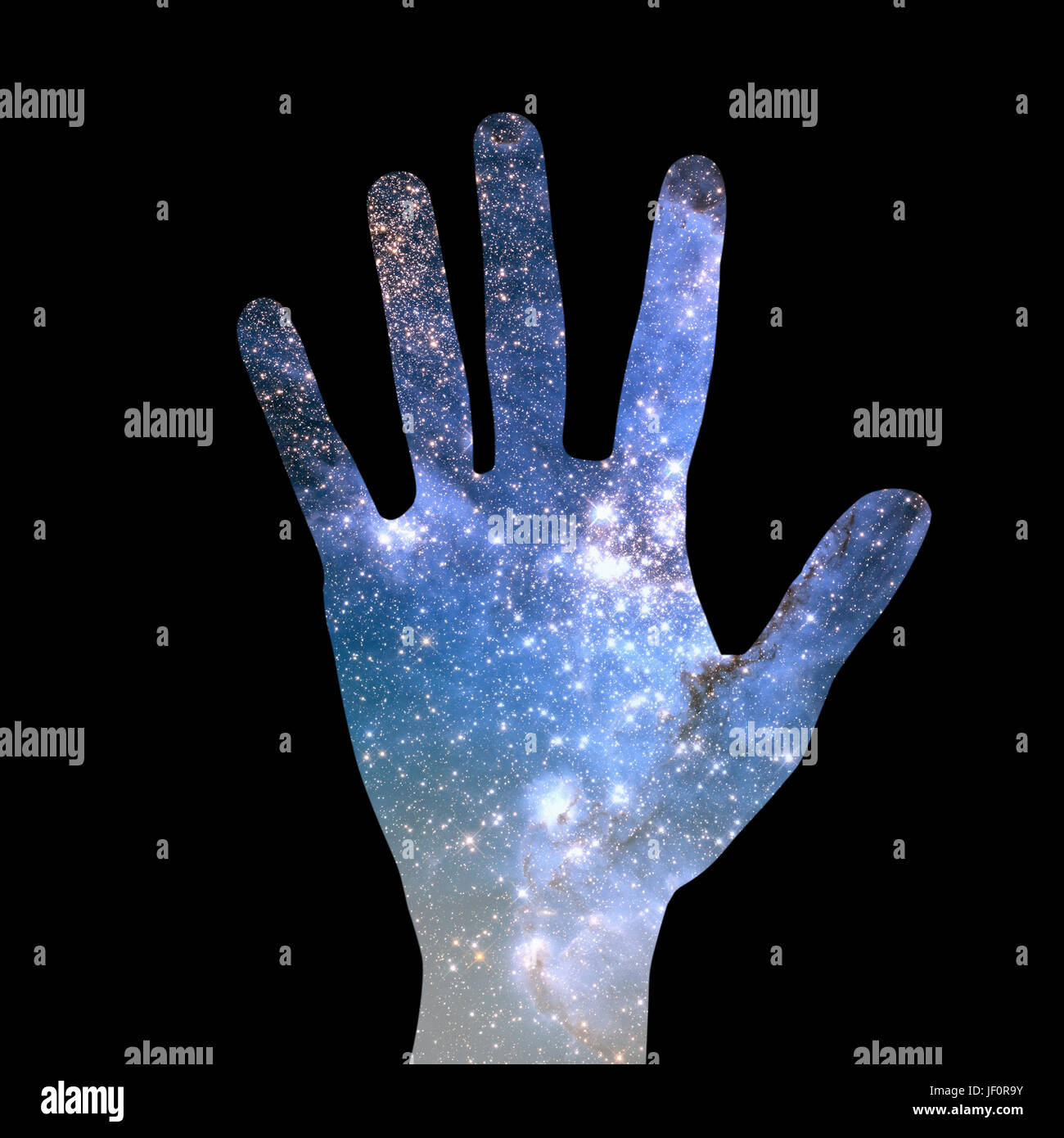 conceptual image of hand and abstract lights of universe. NASA galaxy ...