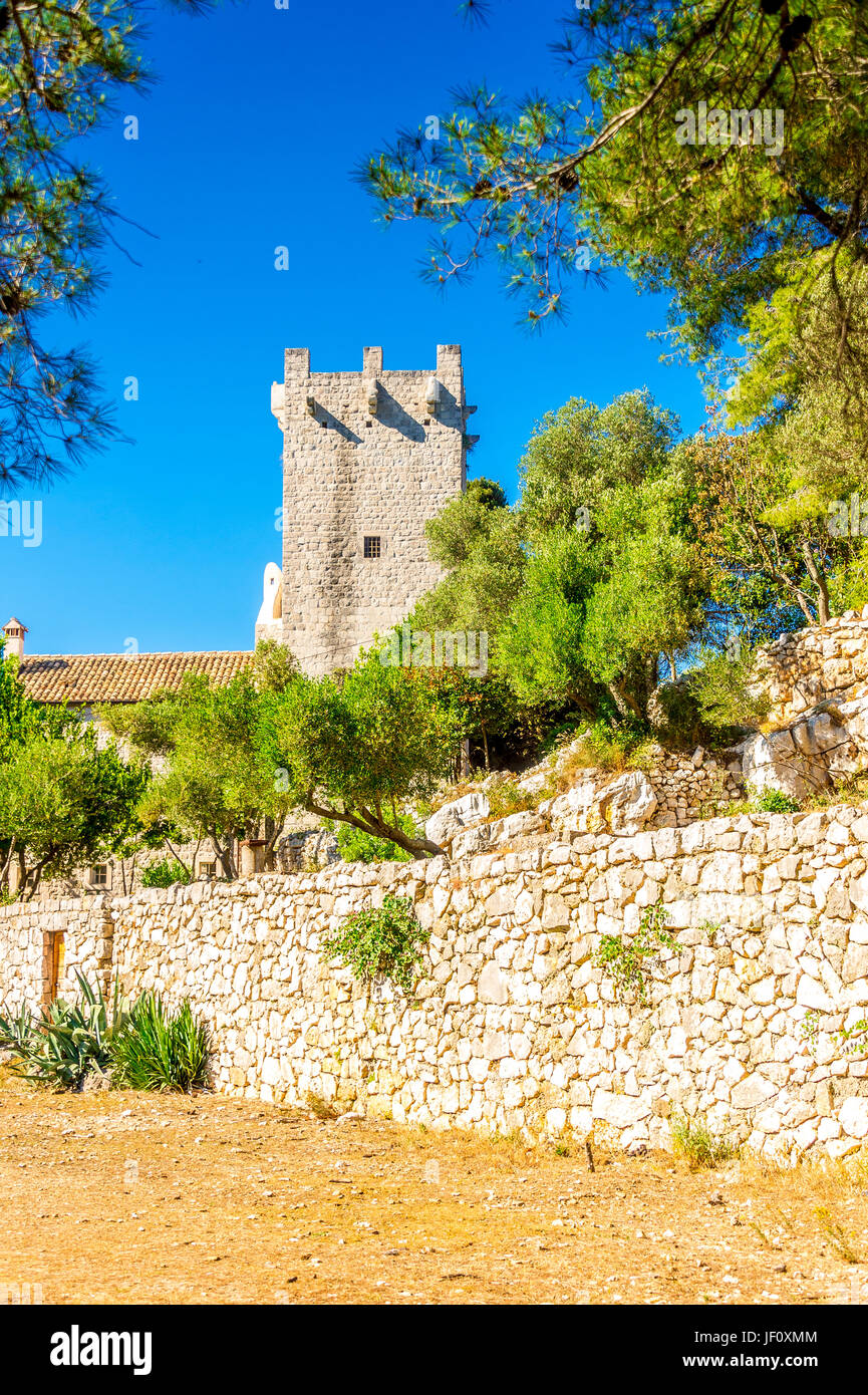 Tower and walls viewed from inside the Monastery grounds of St Mary's ...