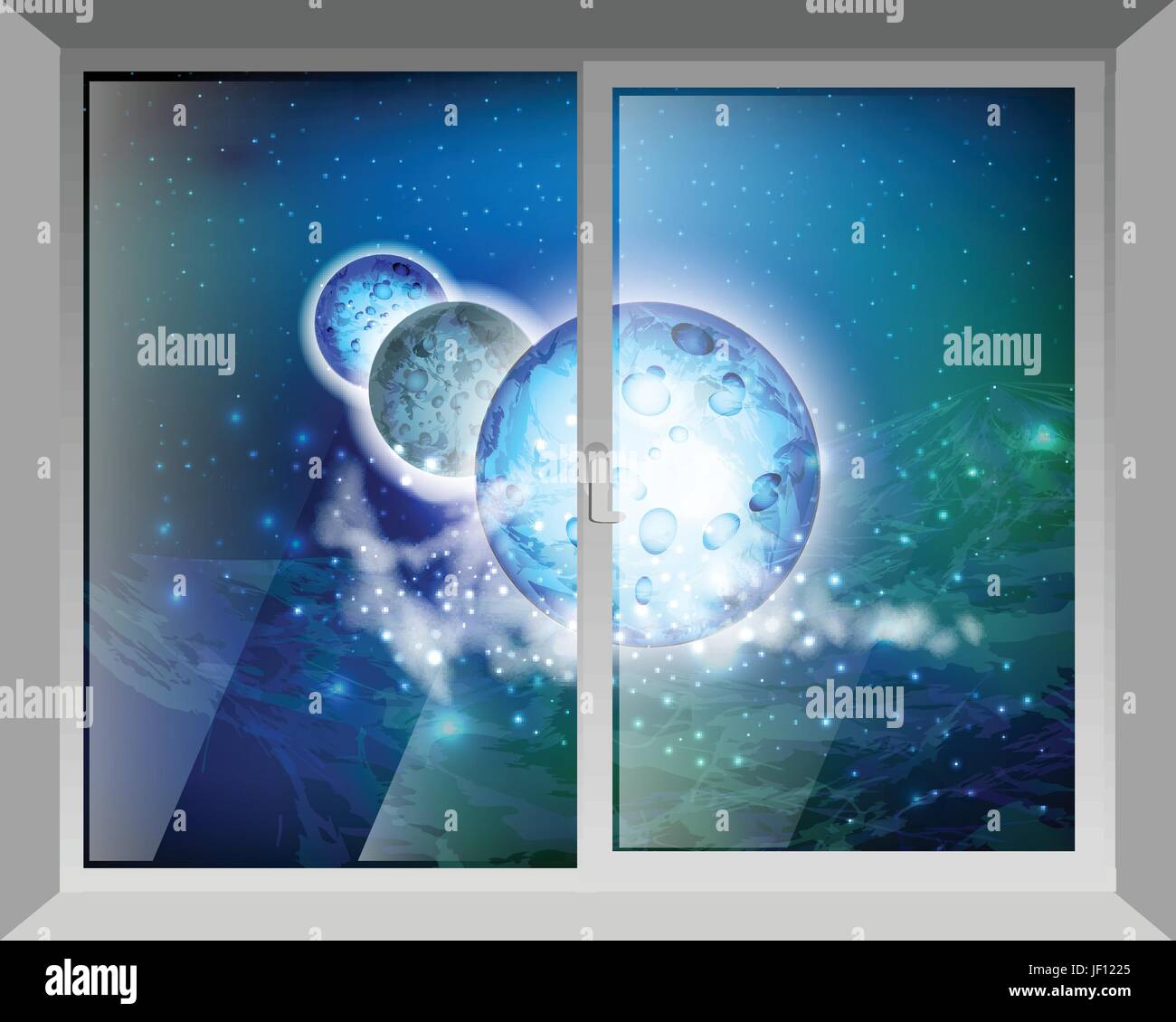 The sky and the planets. View through the window. Concept of a parade ...