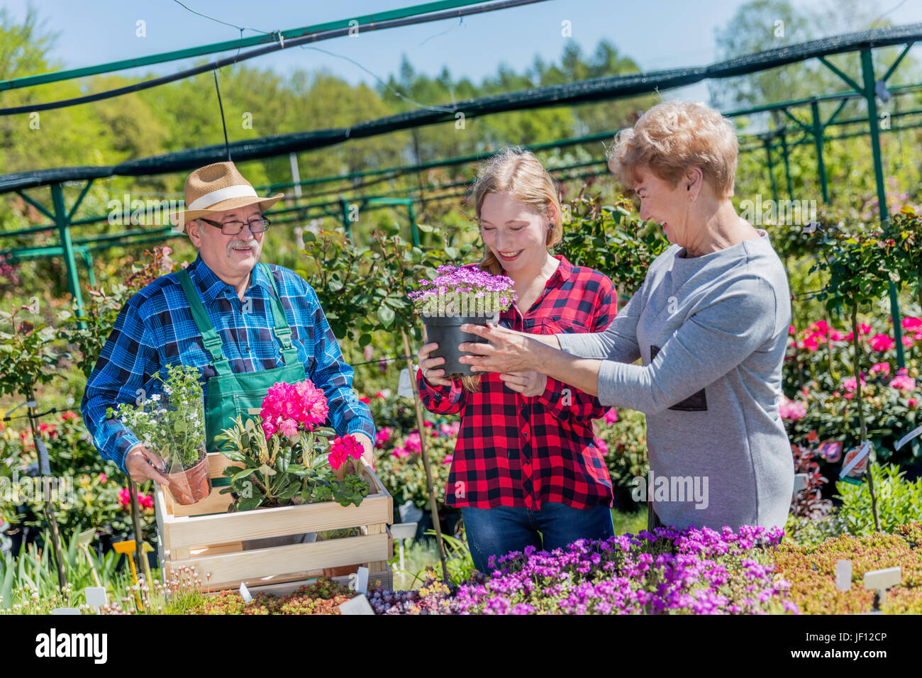 Grandmother and granddaughter buying potted flowers in the gardening ...