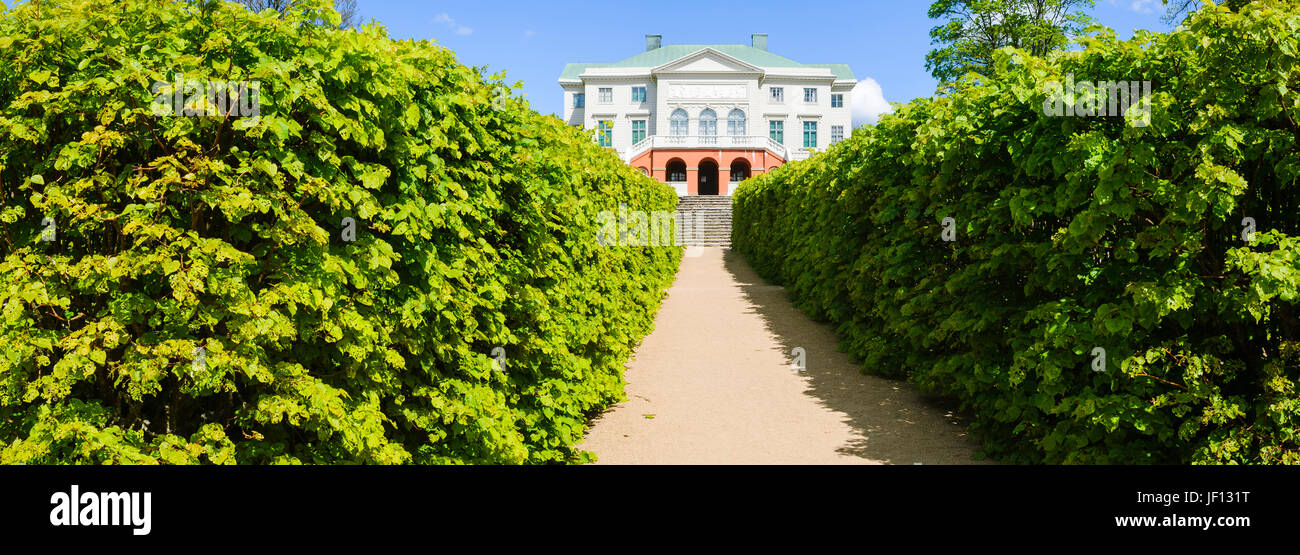 Hedge along path leading to mansion Stock Photo - Alamy