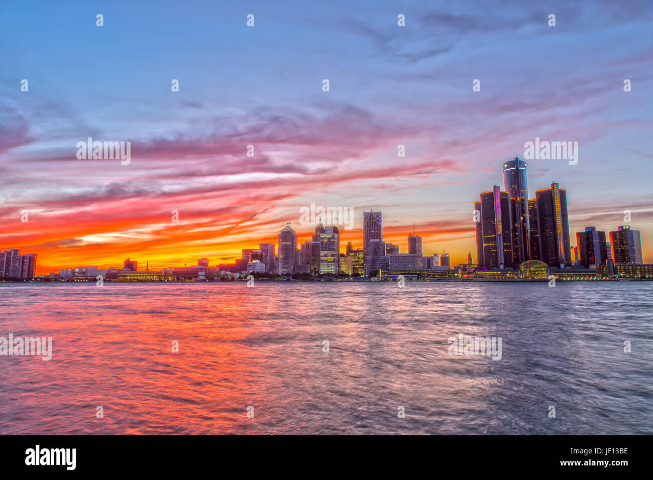 Detroit Skyline from Windsow Riverfront at Sunset Stock Photo - Alamy