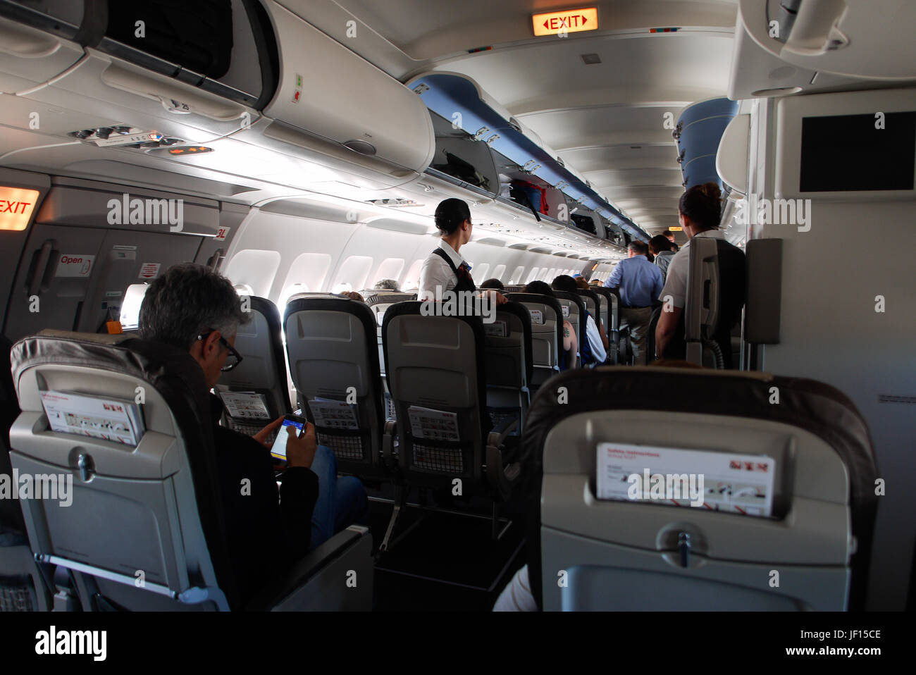 Inside view of a plane before taking off from Zurich airport Stock ...