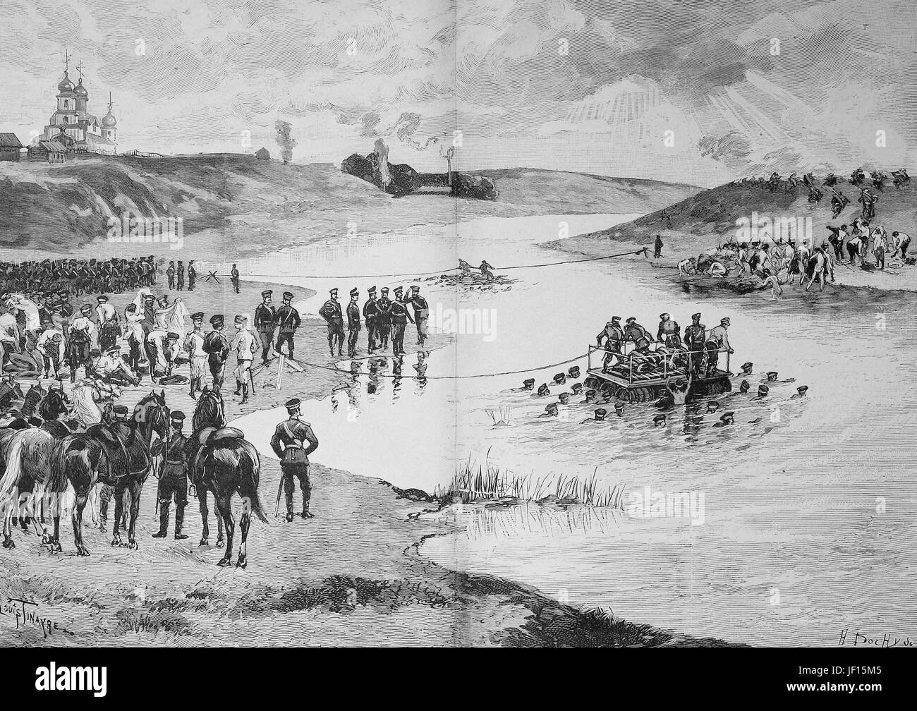Historical illustration of the russian maneuver 1882, Crossing the ...