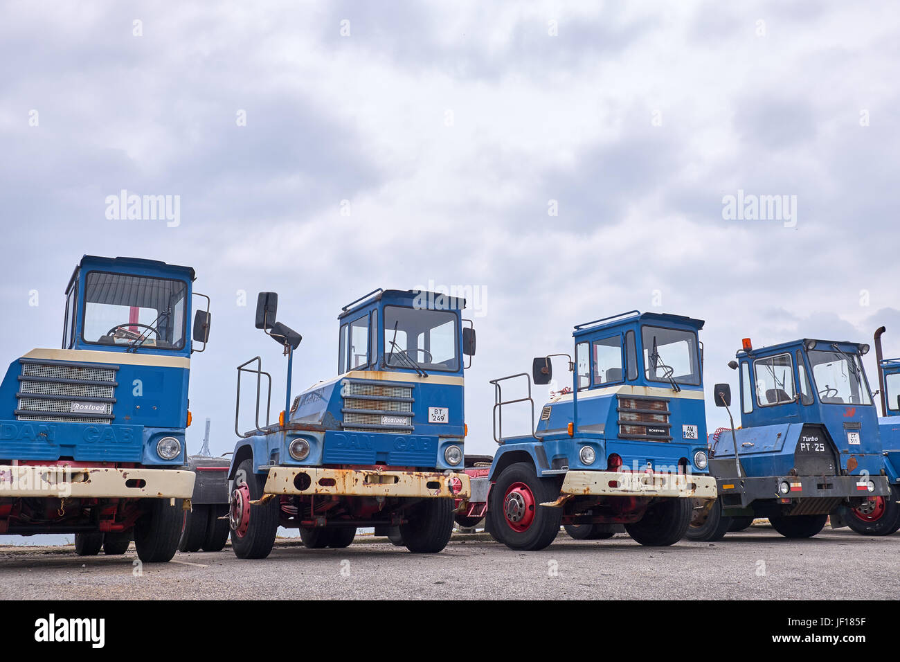 AARHUS, DENMARK - JUNE 05, 2016: Lined up trucks for transportation of ...