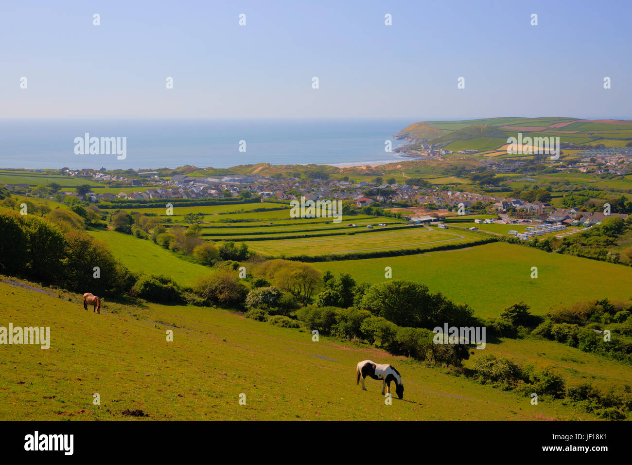 English countryside view to Croyde bay Devon in summer with ponies ...